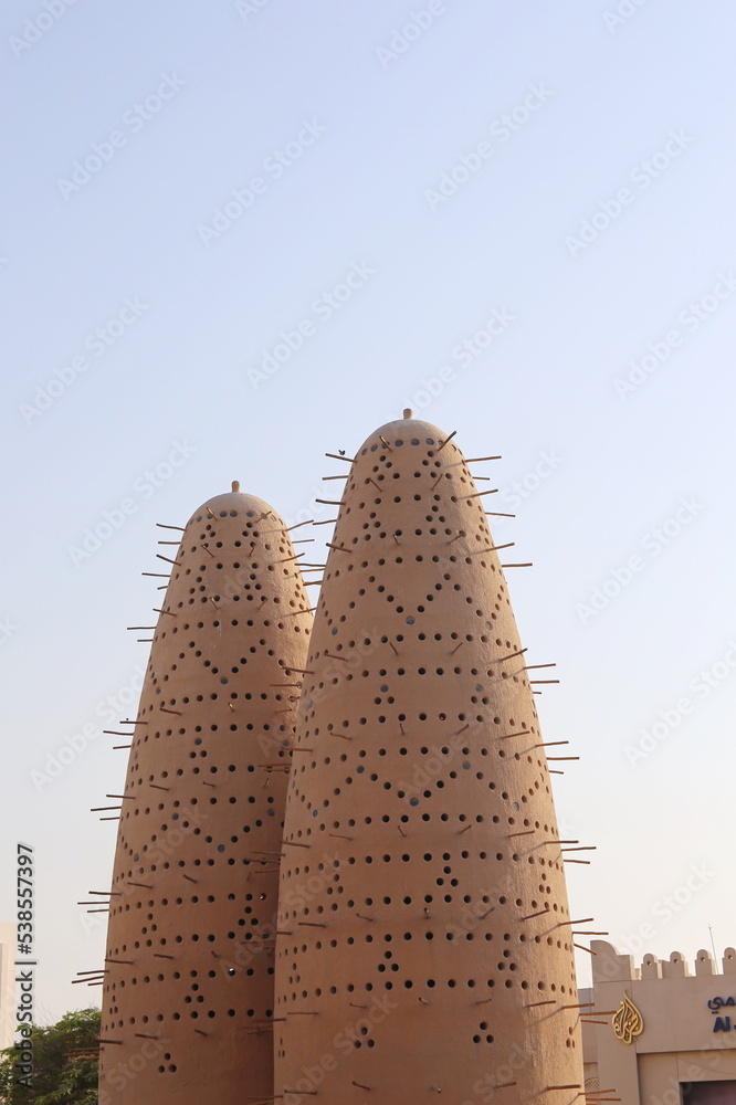 Dove towers in the Katara cultural village in Doha, Qatar Stock Photo ...