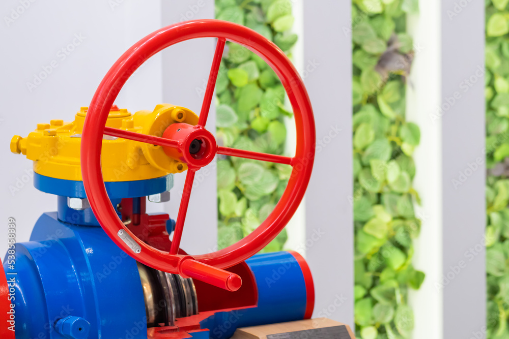 Red manual operate metal valve - industrial equipment at plant, factory ...