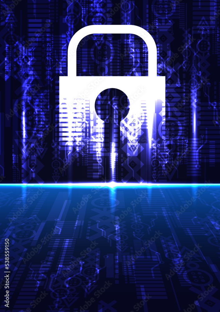 digital technology background with lock blue neon light algorithm ...