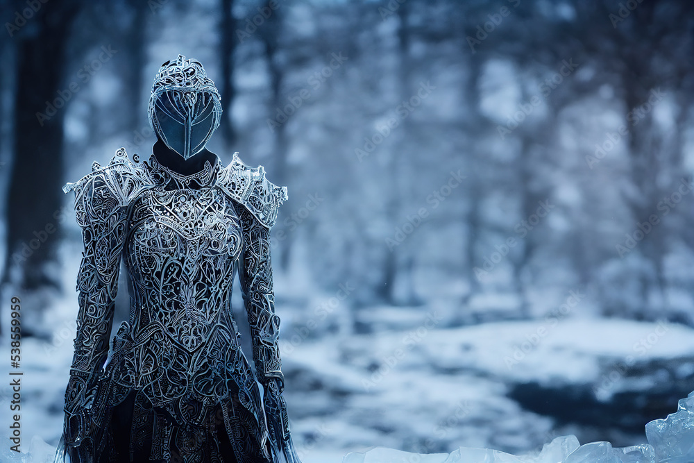 Ice warrior. Warrior in the armor of a medieval knight made of ice. 3d ...