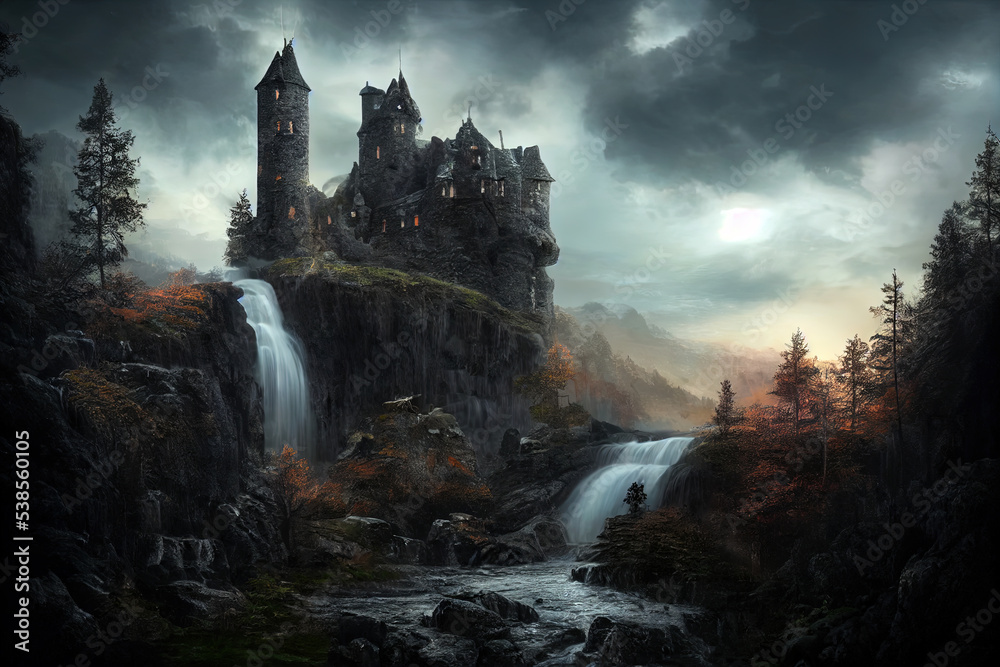 Old dark castle built on the rock, in the background a waterfall and a ...