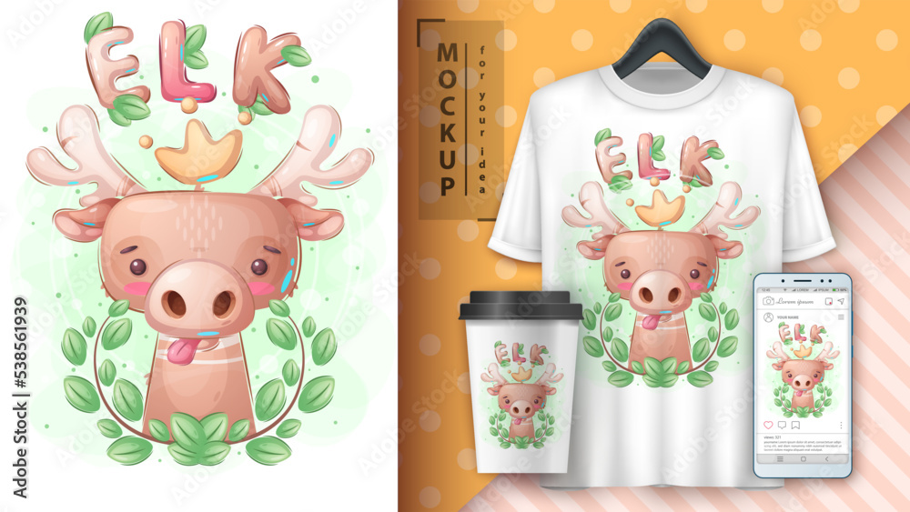 Cartoon character adorable elk in forest, pretty animal idea for print ...