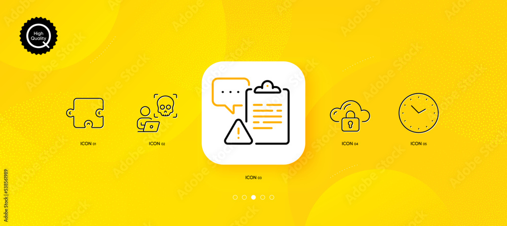 Cloud protection, Cyber attack and Time minimal line icons. Yellow abstract background ...