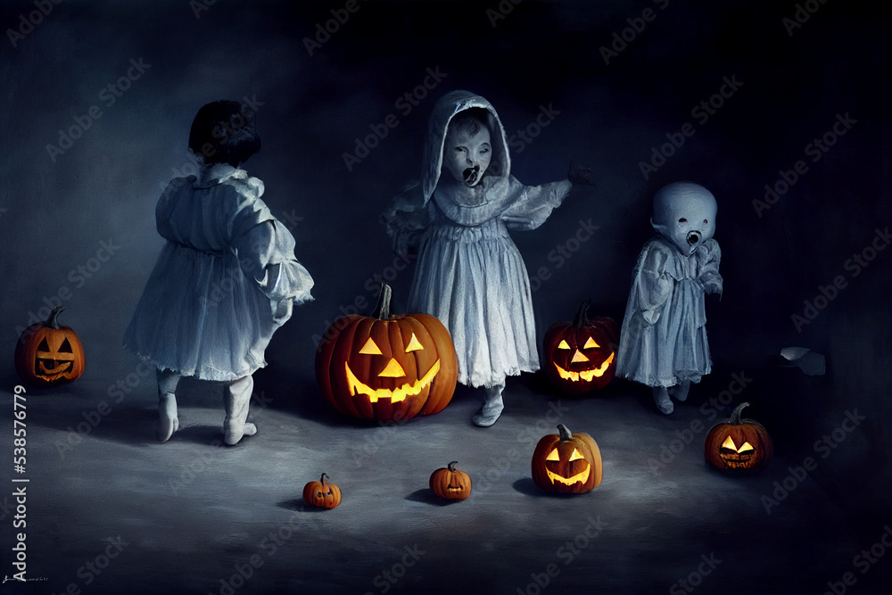 Hlloween dark night weird mutated alien children and kids playing wtih ...