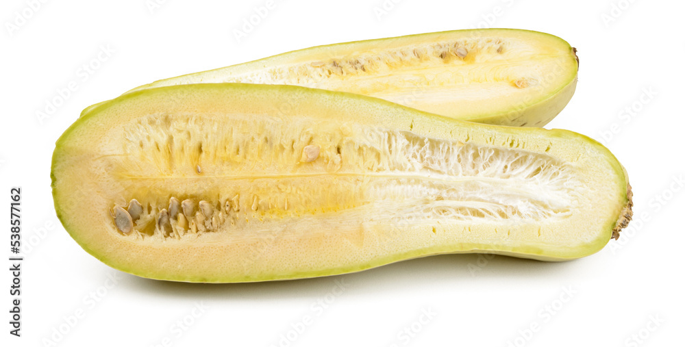 zucchini divided into two equal parts on a white background isolate ...