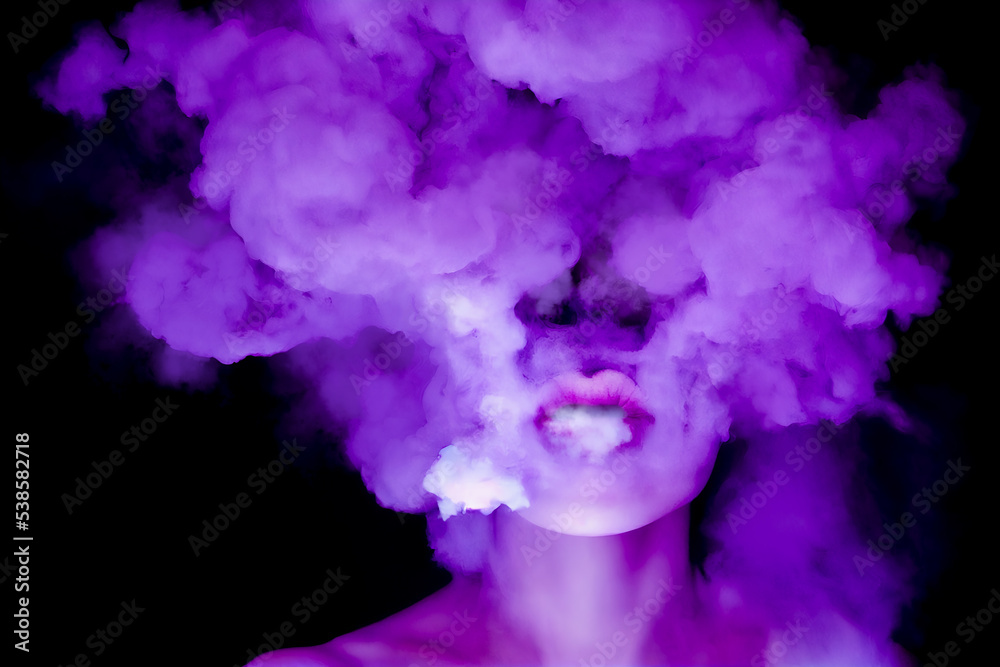Colored smoke and a figure of a woman. Purple vape light. A figure ...