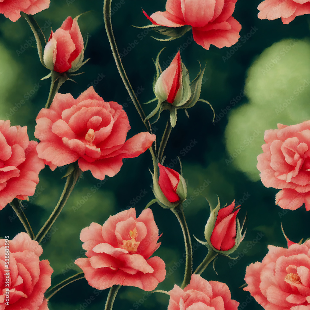 Seamless floral freehand pattern. Square background with red rose ...