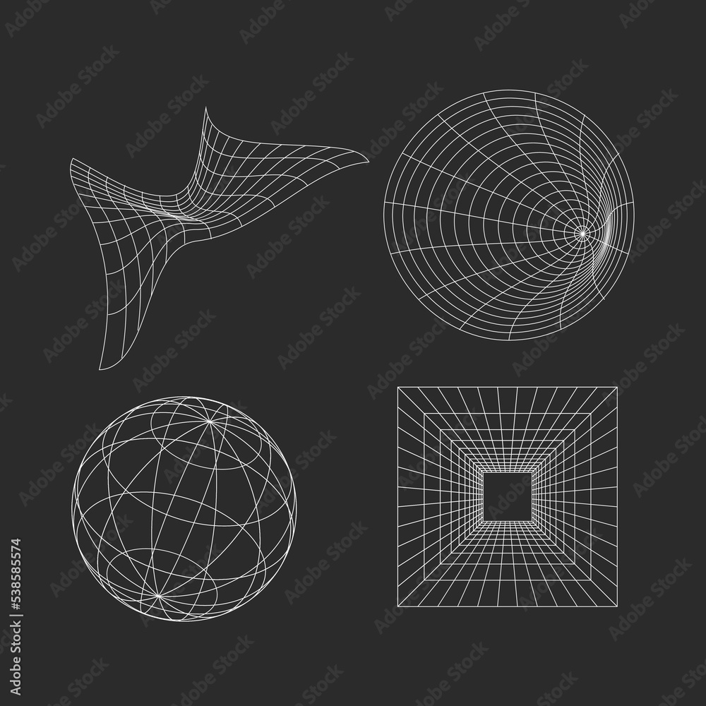 Set of 3D distorted digital shapes, grid Stock Vector | Adobe Stock