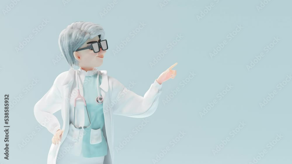 Cartoon character woman doctor shows direction with finger. Space side ...