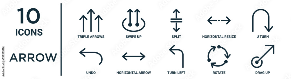 arrow outline icon set includes thin line triple arrows, split, u turn ...
