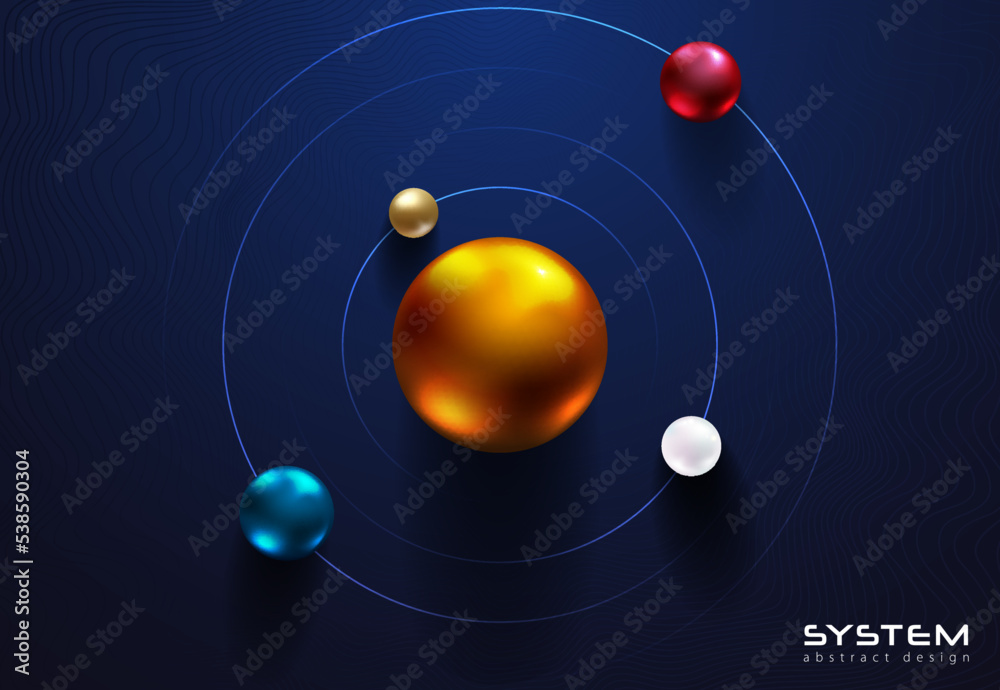 Shiny metallic spheres orbit around center ball on dark blue background ...