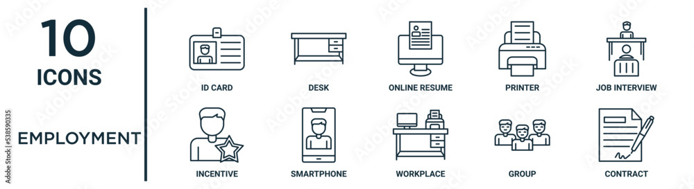 employment outline icon set includes thin line id card, online resume ...