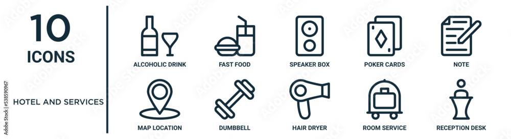 hotel and services outline icon set includes thin line alcoholic drink ...
