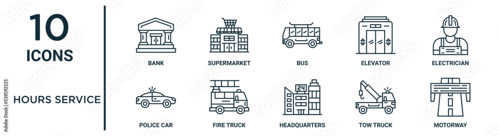 hours service outline icon set includes thin line bank, bus ...