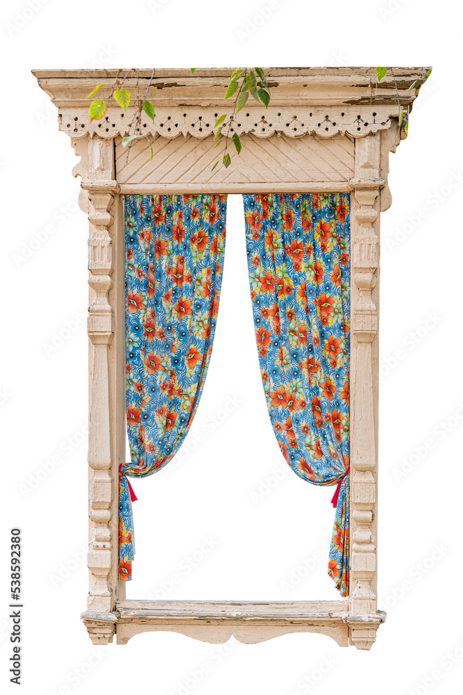 Old detached wooden window frame with rustic curtain isolated on white ...