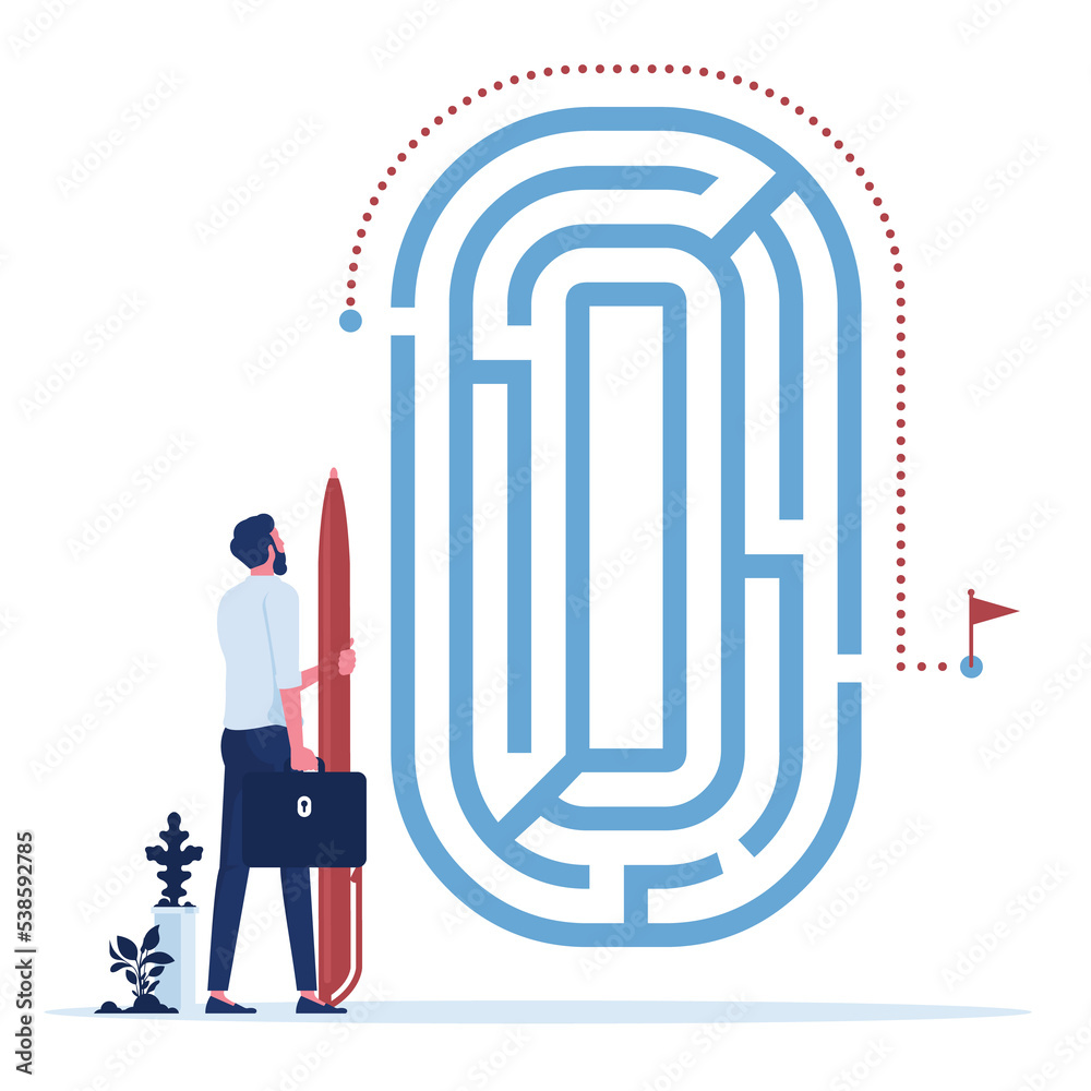 businessman with route path go around the maze to goal, concept of ...