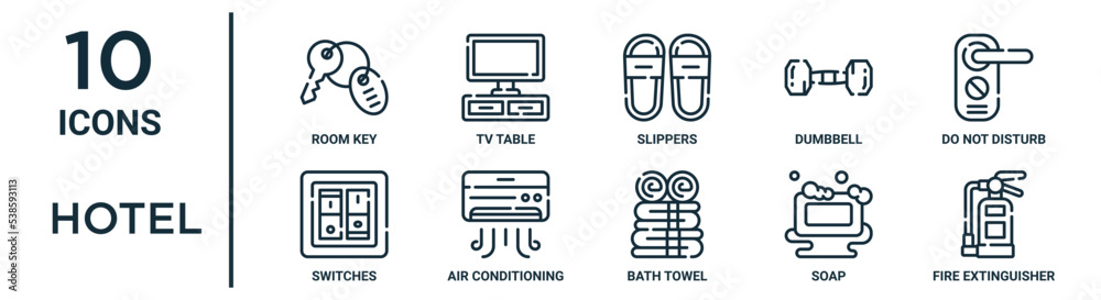 hotel outline icon set includes thin line room key, slippers, do not ...