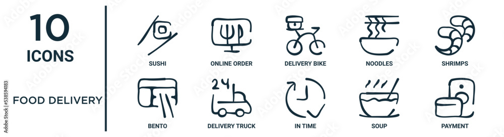 food delivery outline icon set includes thin line sushi, delivery bike ...