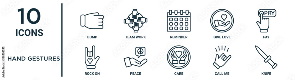 hand gestures outline icon set includes thin line bump, reminder, pay, peace, call me, knife ...