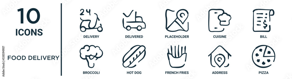 food delivery outline icon set includes thin line delivery, placeholder ...