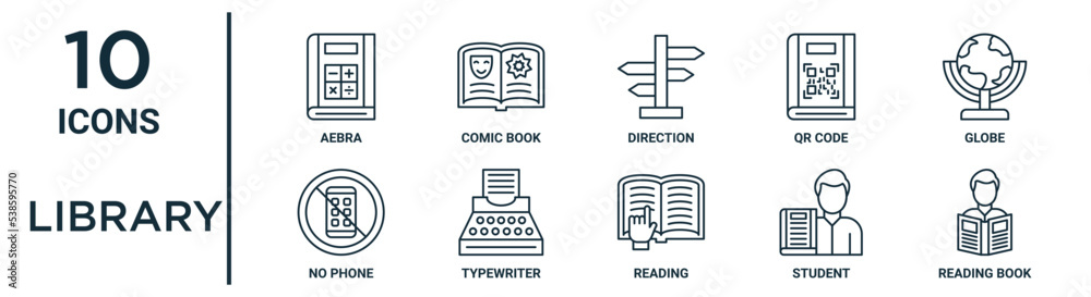 library outline icon set includes thin line aebra, direction, globe ...