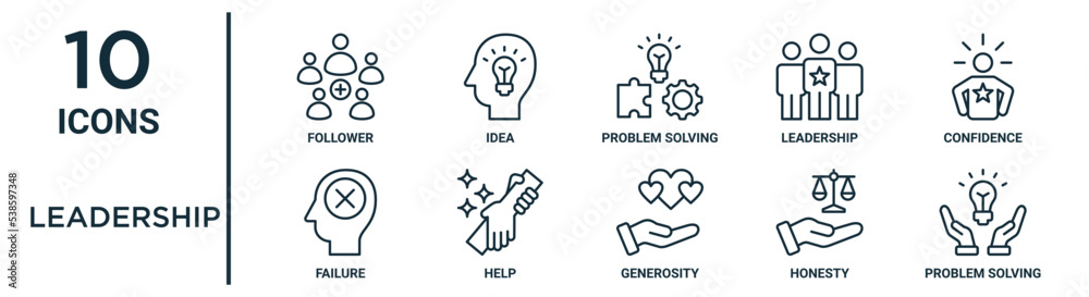 leadership outline icon set includes thin line follower, problem ...