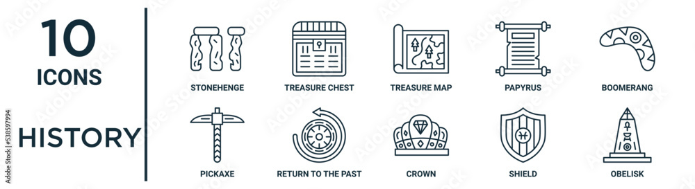 history outline icon set includes thin line stonehenge, treasure map ...