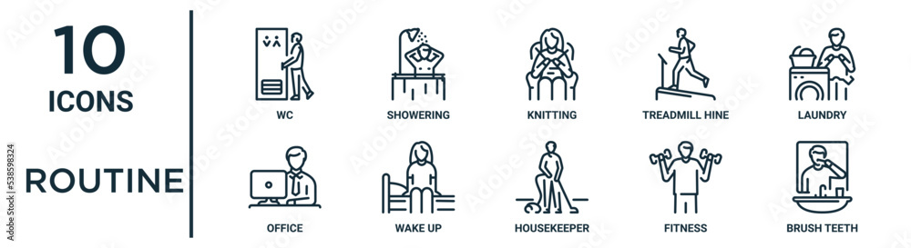 routine outline icon set includes thin line wc, knitting, laundry, wake ...