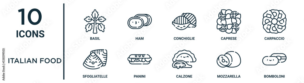 italian food outline icon set includes thin line basil, conchiglie ...