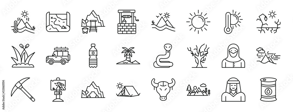 set of 24 outline web desert icons such as hot weather, map, mine ...