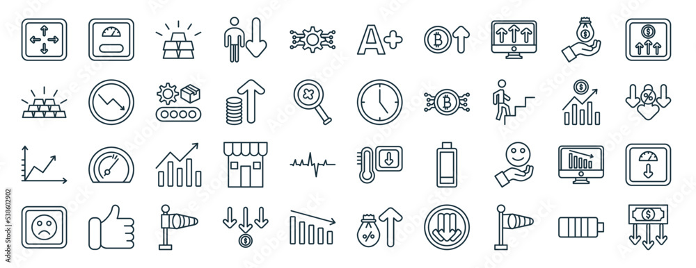 set of 40 outline web increase and decrease icons such as weight scale, gold ingots, line graph ...