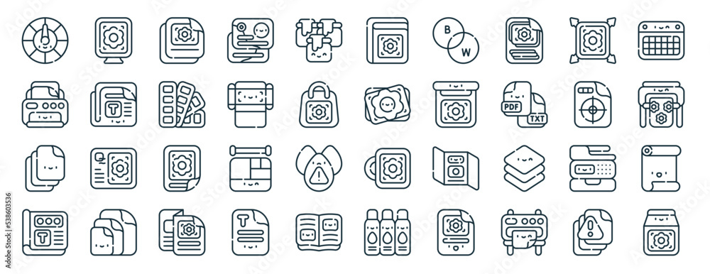 set of 40 outline web printing icons such as , printer, blank paper ...