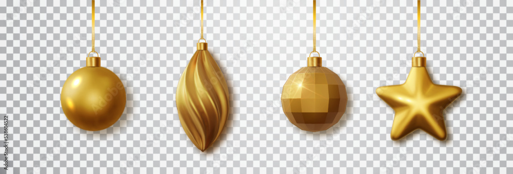 Gold Christmas toy set with isolated on transparent background ...