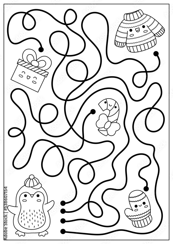 Christmas black and white maze for kids. Winter line holiday preschool ...