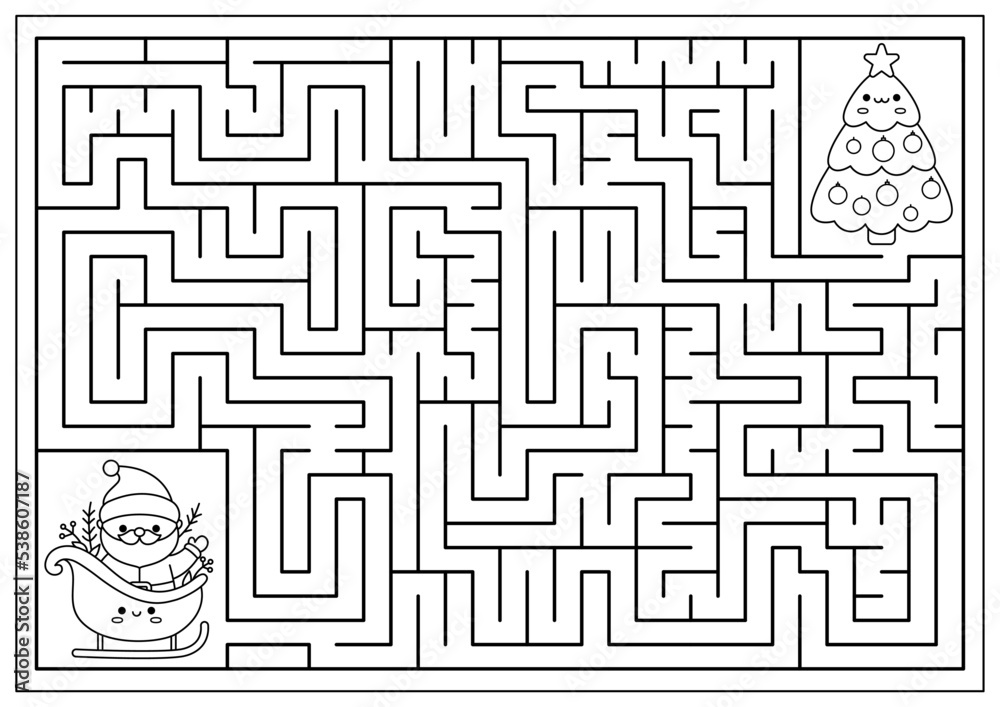 Christmas black and white maze for kids. Winter line holiday preschool ...