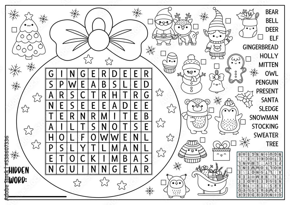 Vector Christmas black and white ball shaped word search puzzle for ...