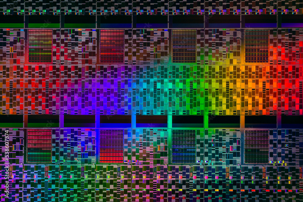 Poster Silicon semiconductor wafer in rainbow light, macro shot showing ...