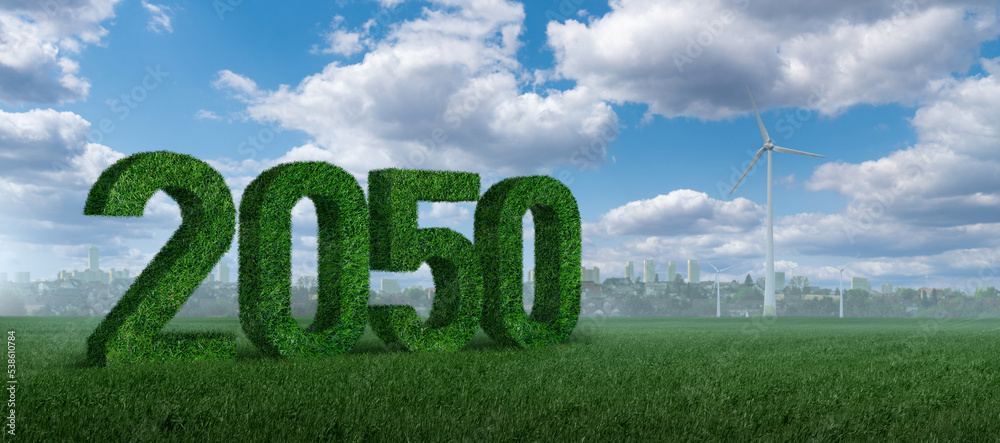 Numbers 2050 from grass on a background of ecological city with wind ...