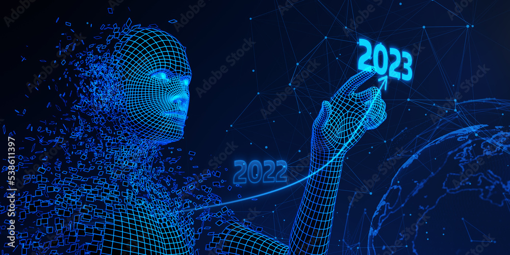 2023 Goal plan strategy new year concept. Digital human touching ...