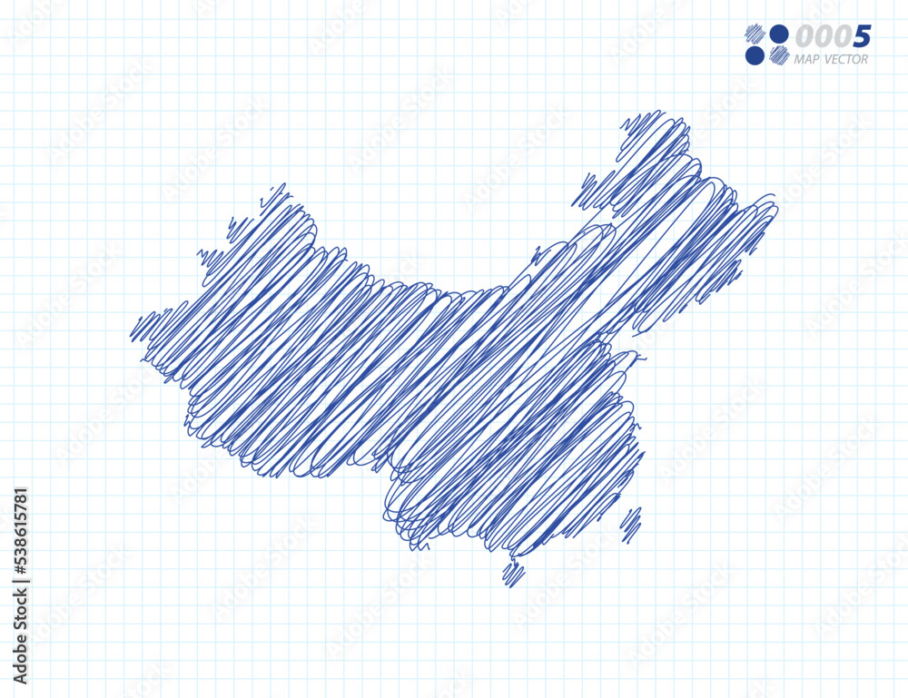 Blue vector silhouette chaotic hand drawn scribble sketch of China map ...