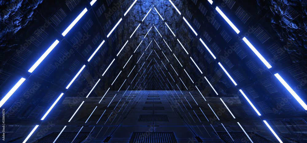 Neon Blue Cyber Sci Fi Futuristic Alien Bunker Spaceship Dark Metal ...