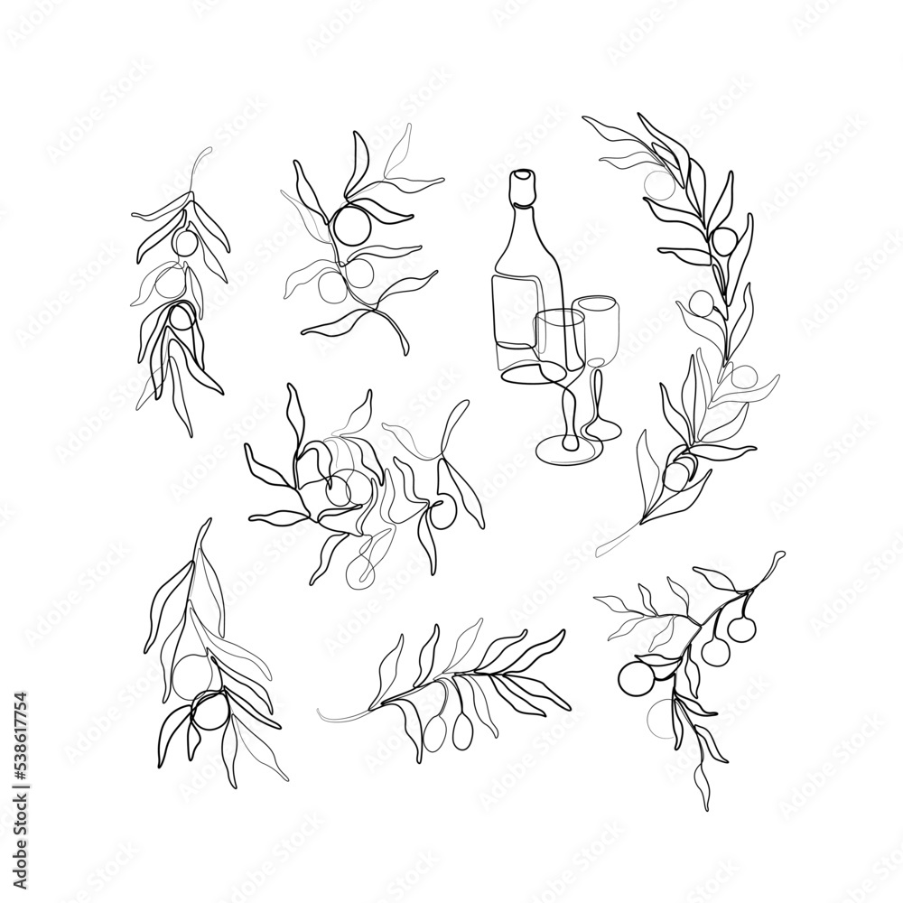 Olive branch, continuous line drawing, tattoo, print for clothes and ...
