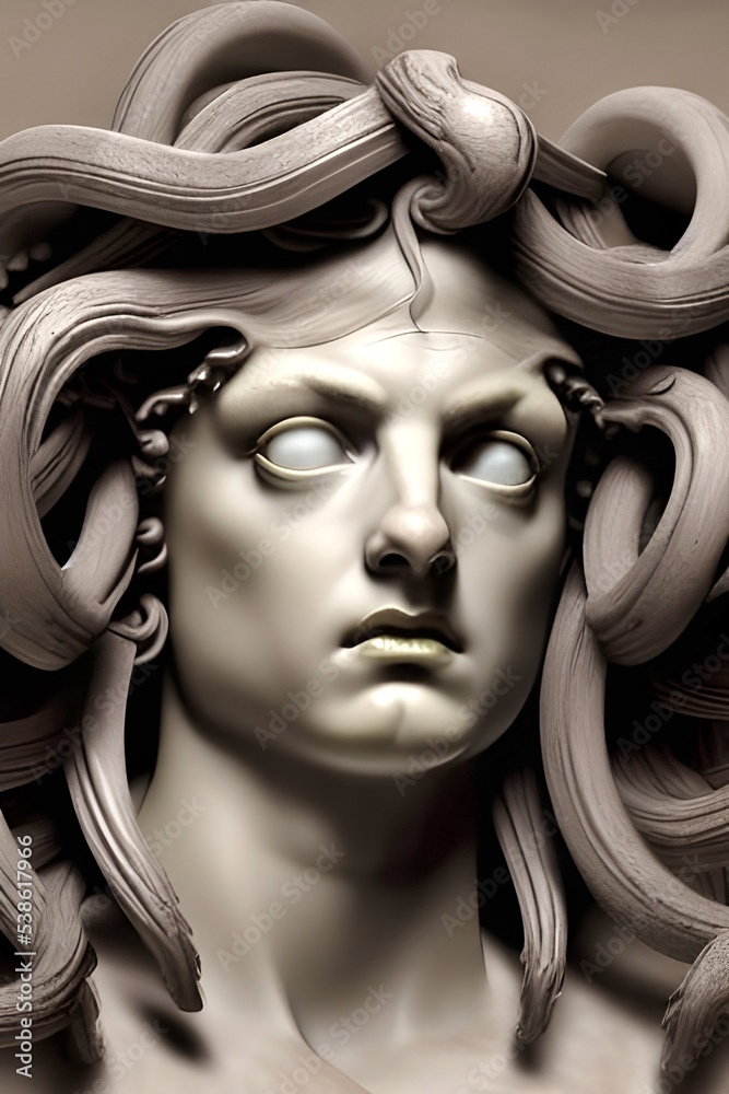 3D illustration of a white marble bust of Medusa, otherwise known as ...