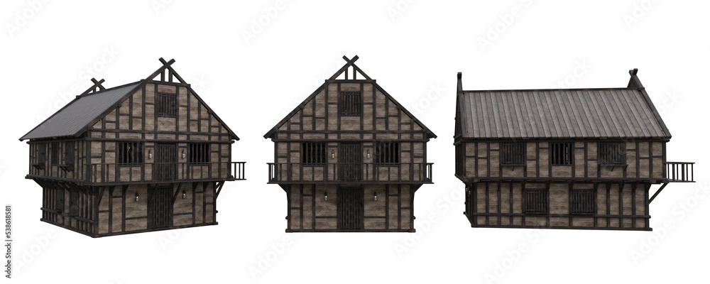 Medieval timber framed house shown from three different angles. 3D ...