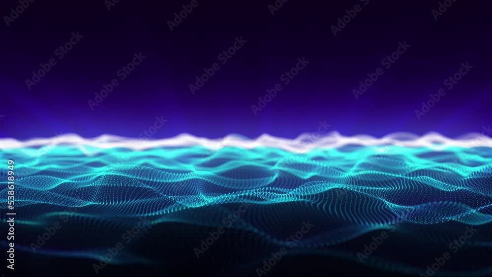 Dynamic wave of glowing particles. Abstract digital background. Data flow information. Concept ...