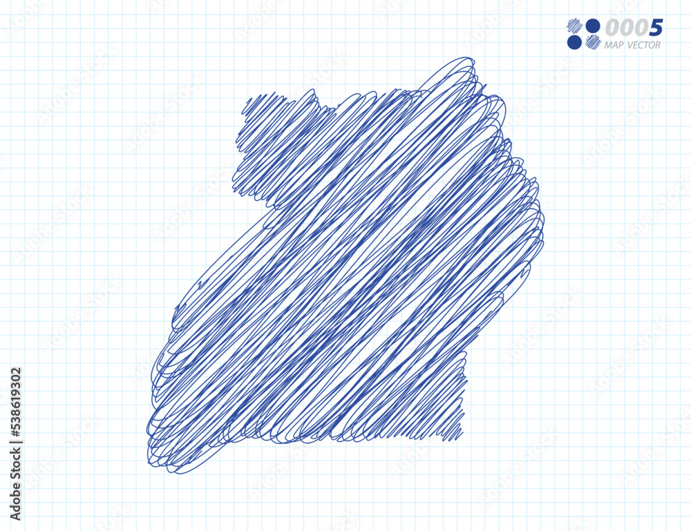 Blue vector silhouette chaotic hand drawn scribble sketch of Uganda map on grid background ...