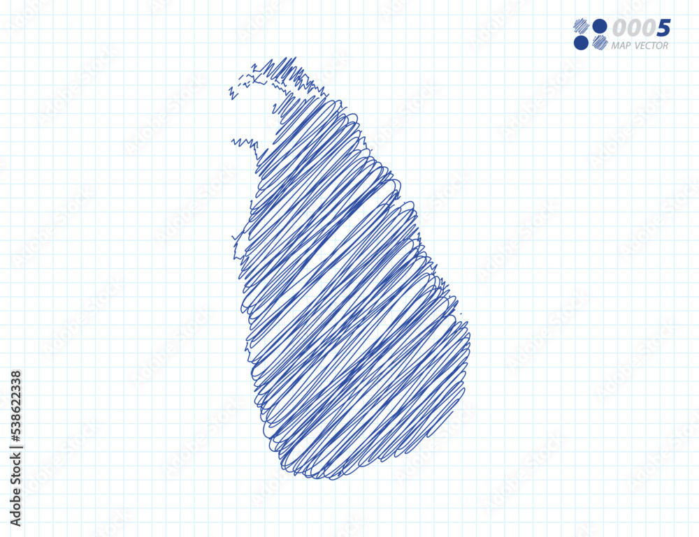 Blue vector silhouette chaotic hand drawn scribble sketch of Sri Lanka map on grid background ...