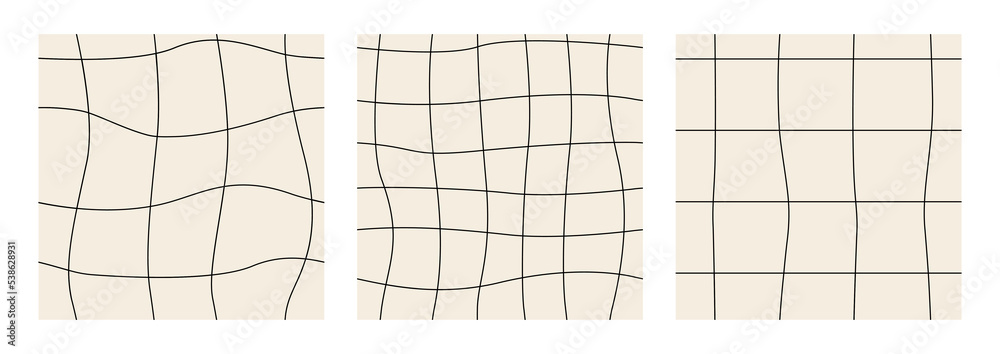 Set of abstract vector seamless patterns with wavy linear distorted cage in y2k style. Twisted ...