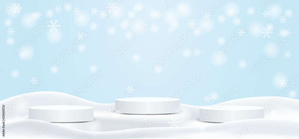 Winter season product display. Design with podium and white snowflakes ...