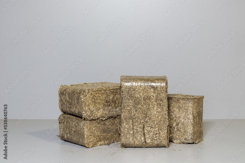 Wood chips, sawdust un flax pressed briquettes for heating. Solid fuel ...